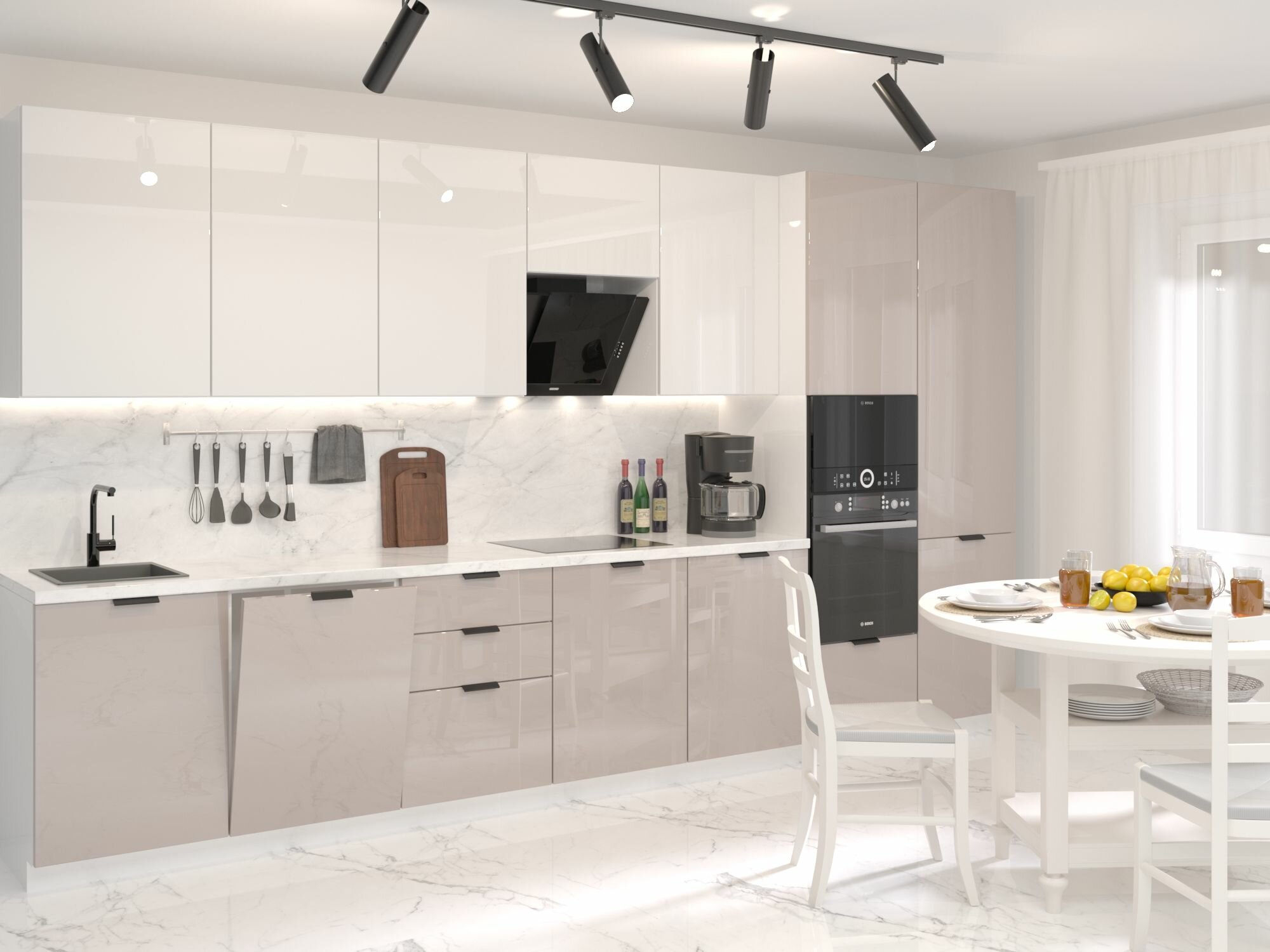 Кухонный гарнитур Фьюжн, Белый/Бежевый глянец, 4200 мм