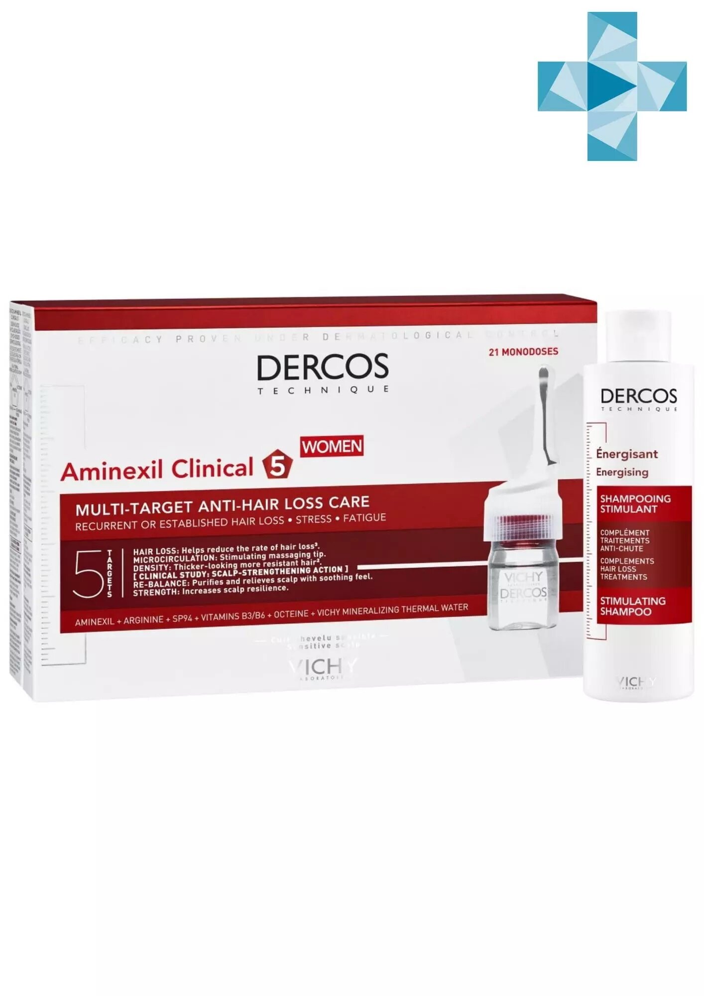 Vichy Набор средств против выпадения волос: средство для женщин 5 (21 монодоза) + тонизирующий шампунь 200 мл (Vichy, Dercos)