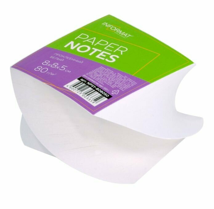 InФормат Блок с клеевым краем Спираль, Проклеенный, Белый, 1 цвет, 80 г, 8 х 8 х 5 см, 1 шт