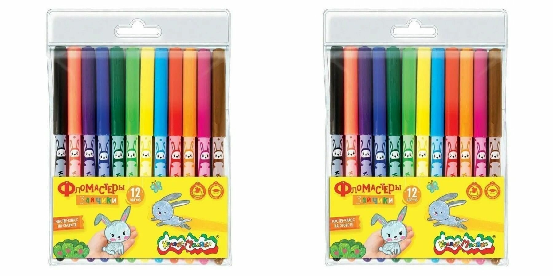 Каляка-Маляка Фломастеры Зайчики, классические, 12 цветов, легкосмываемые, 2 шт