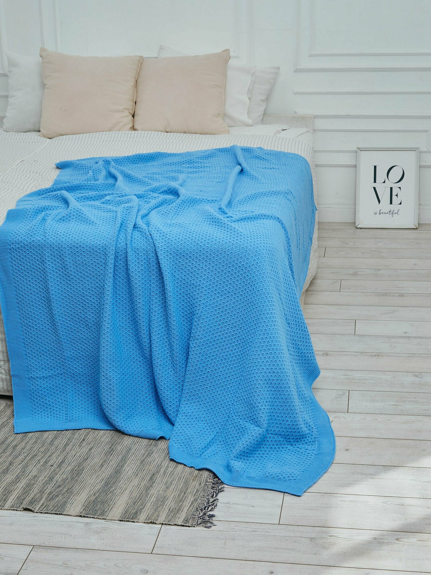 Плед-покрывало AlmaForHome "HoneyMeadow", вязаный, фактурный, голубой, 140 см x 215 см
