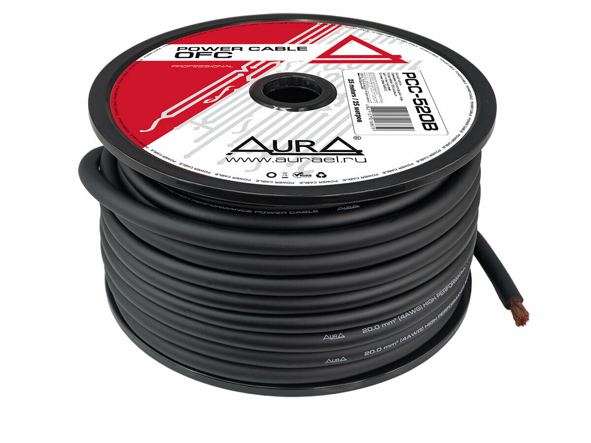 Кабель силовой AurA PCC-520B, OFC, 4 AWG/20мм2, 25м/катушка, черный