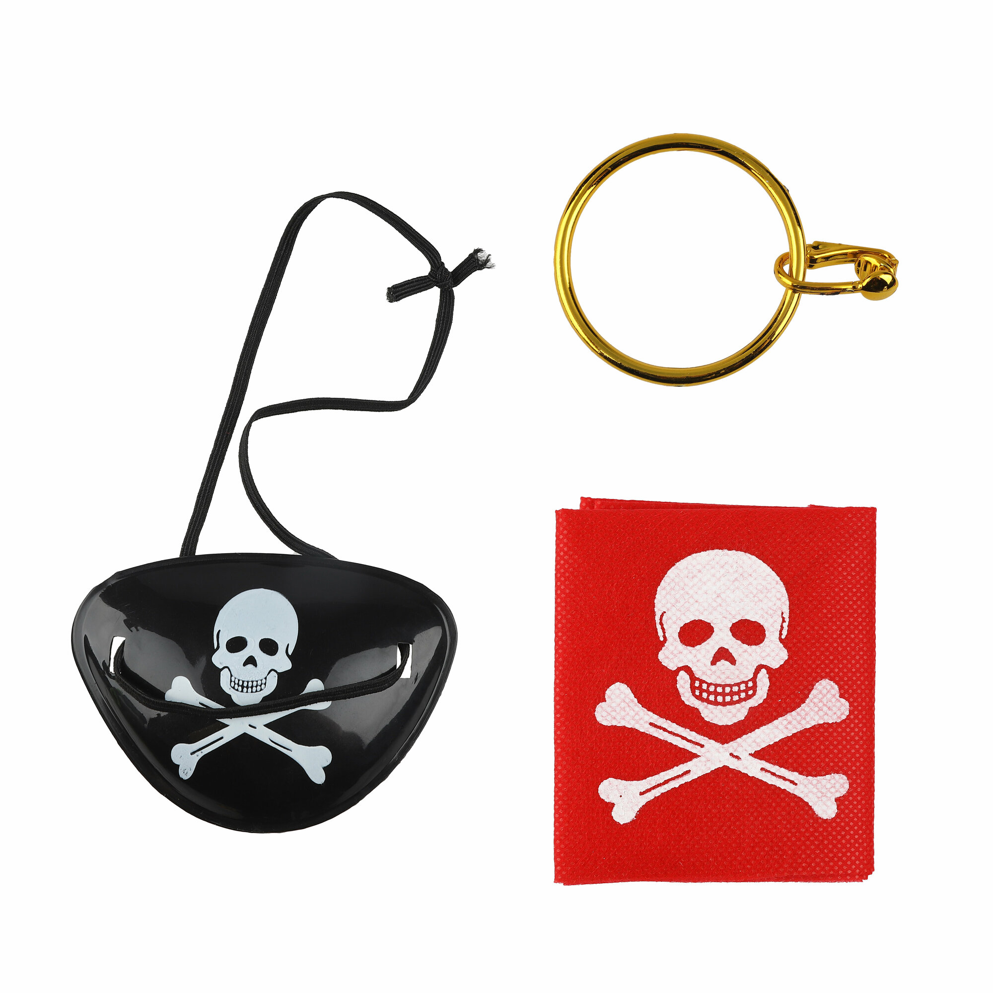 Карнавальный набор, Пират (бандана, повязка на глаз, серьга), Красный/Черный/Золото, 1 шт.