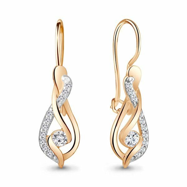 Серьги, серебро, 925 проба, золочение, фианит