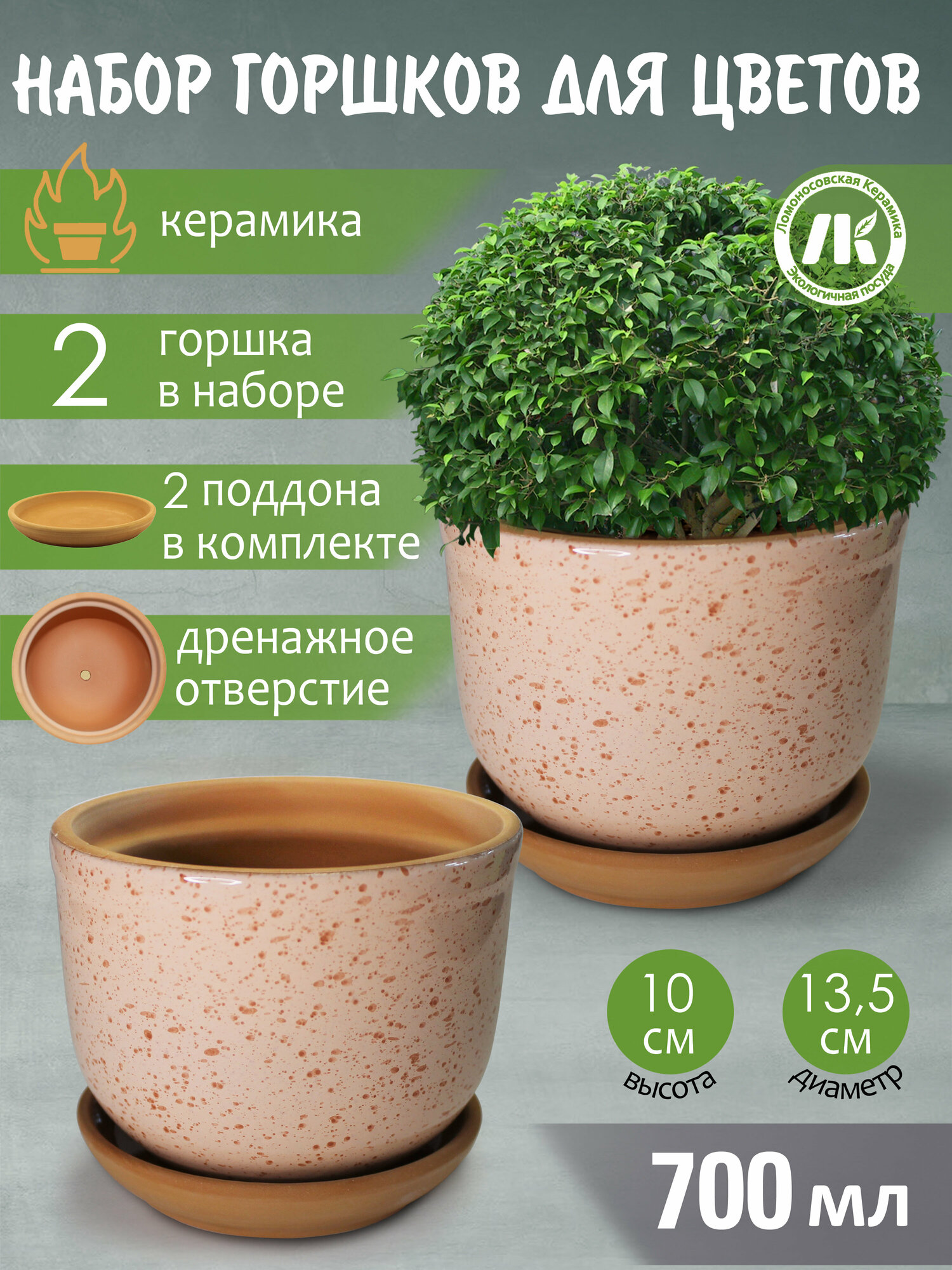 Горшок для цветов с поддоном "Ломоносовский" (розовый) d13,5см, h10см, 0,7л, набор 2шт, керамика