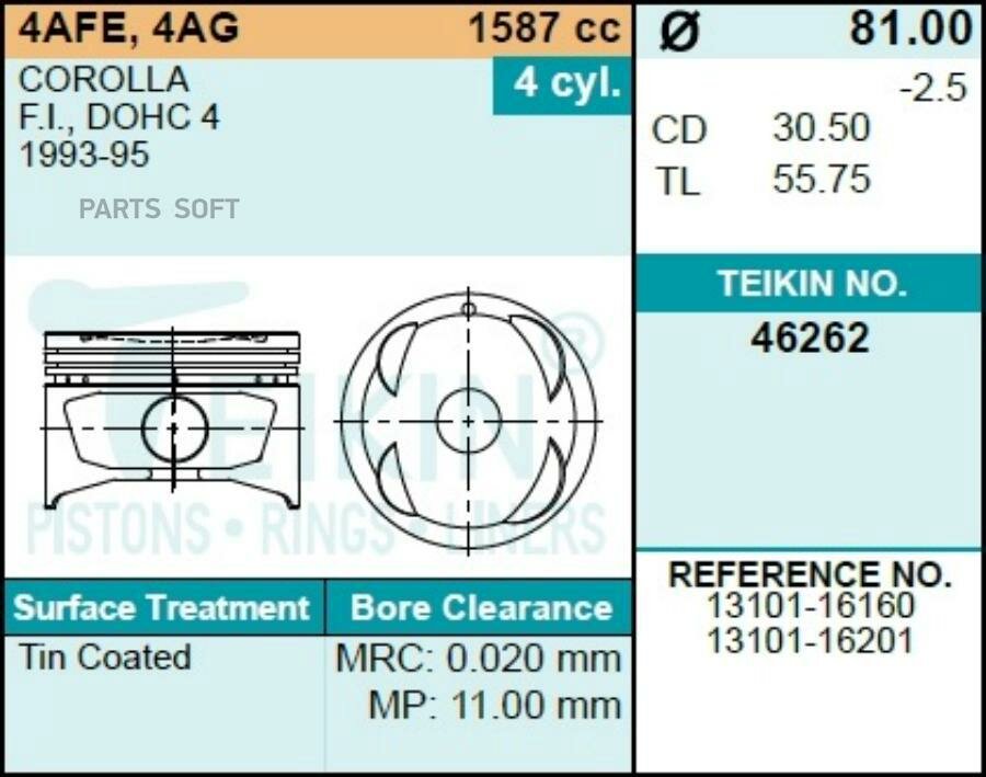 Поршень (0.5/ к-т 4 шт) Toyota Avensis (T220) 97-03 / Corolla 91-02 4AF;4AFE TEIKIN 46262 050 | цена за 1 шт