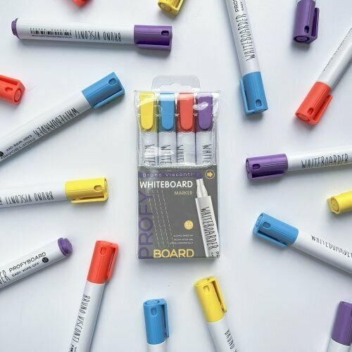 Маркеры для для белой доски Bruno Visconti "PROFYBOARD", набор из 4 цветов (желтый, голубой, оранжевый, фиолетовый)