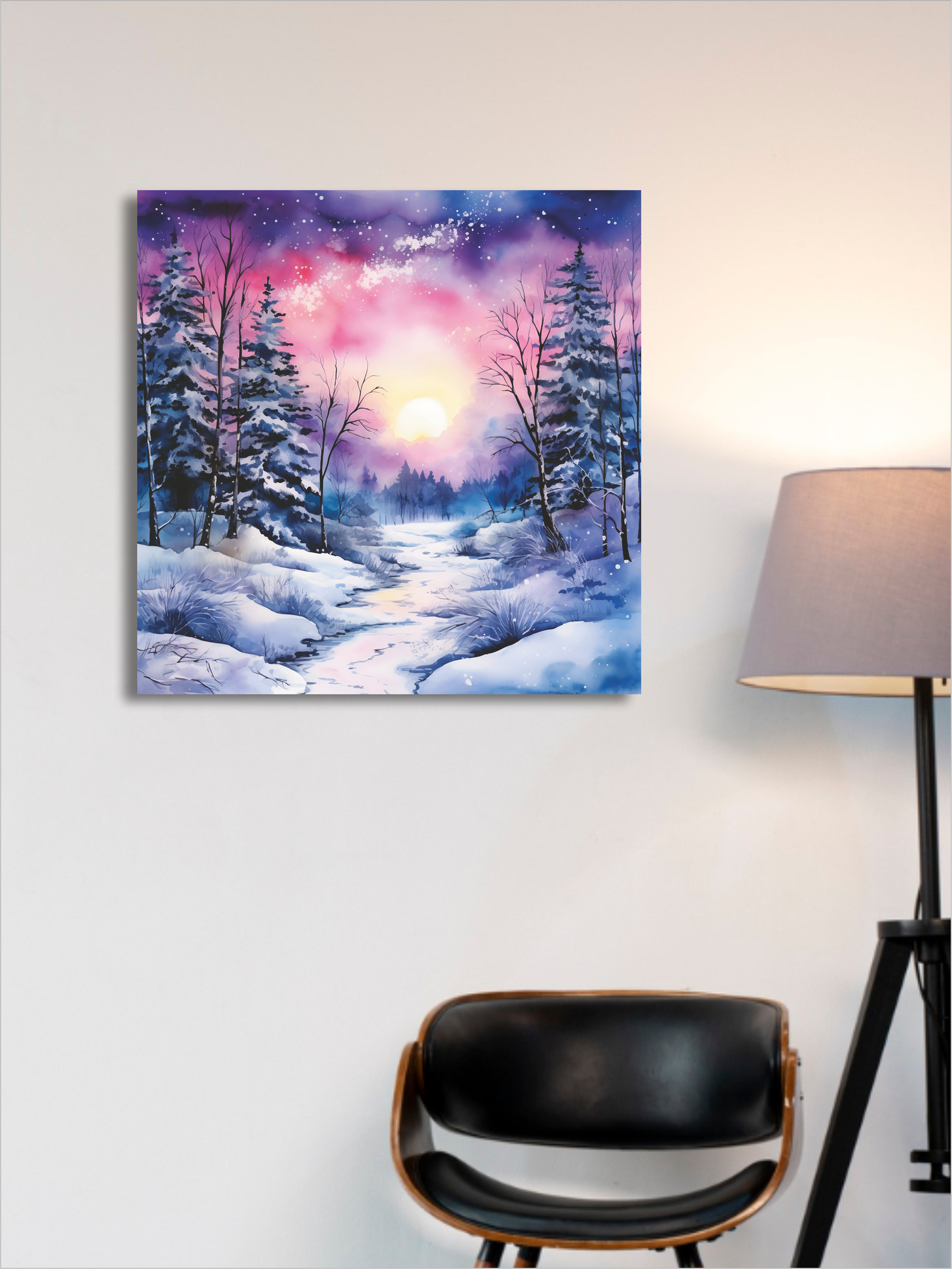 Картина для интерьера на стену пейзаж. Розовый закат в снежном лесу 50х50 см на холсте на подрамнике