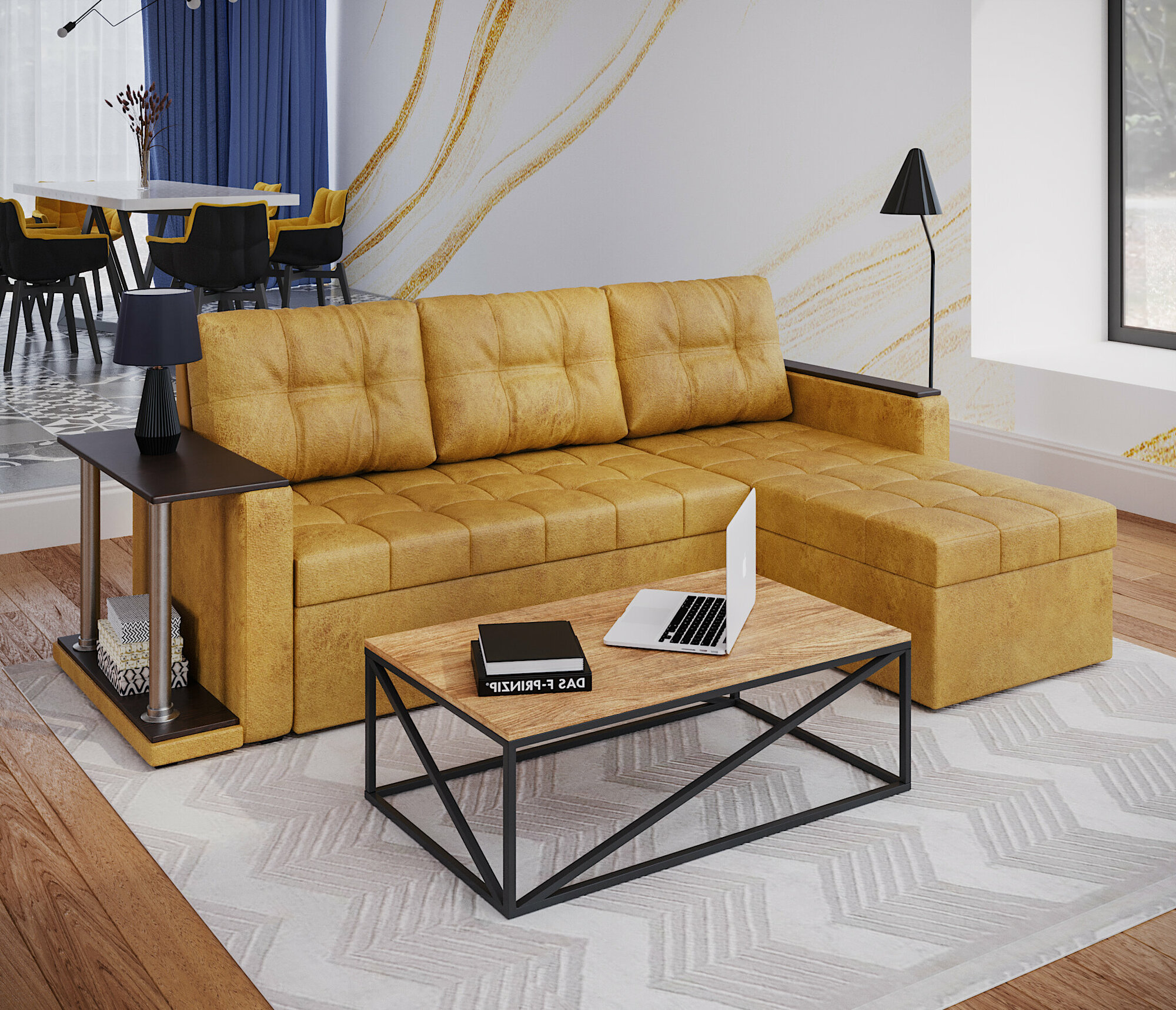 Угловой диван Атланта D@E Factory , 140х200, рогожка Дакота охра , ППУ, Дельфин