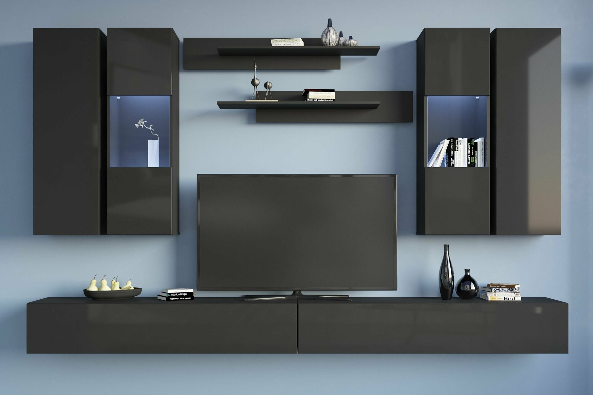 Гостиная TIME 6 с полками и навесными шкафами цвет черный, стенка для зала