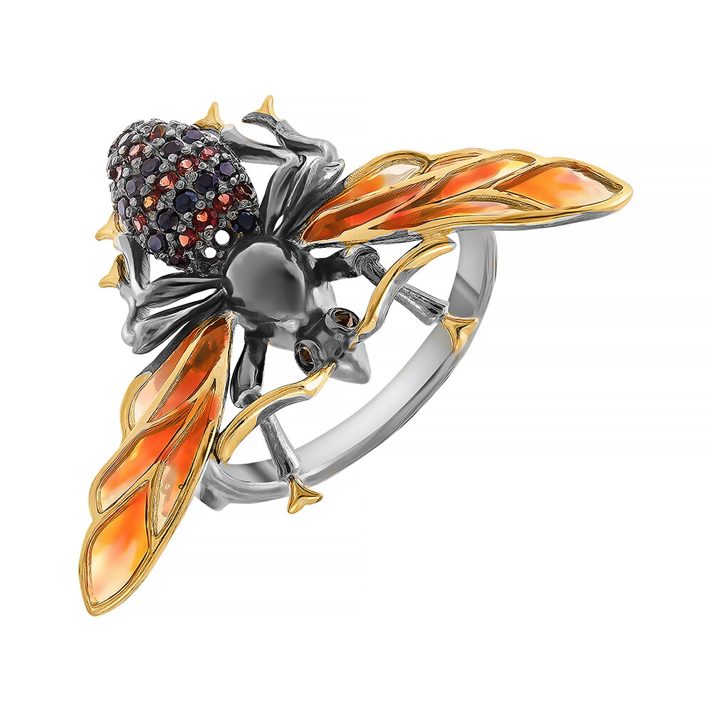 Кольцо, серебро, 925 проба, гранат, шпинель, эмаль