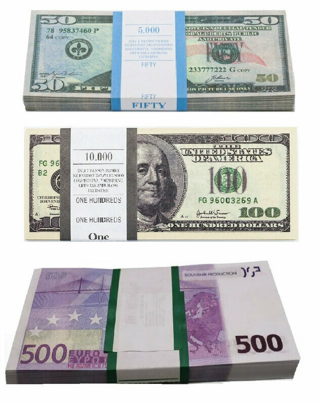 Набор сувенирных денег из банка приколов Иностранная валюта номиналом (50, 100 долларов, 500 евро)