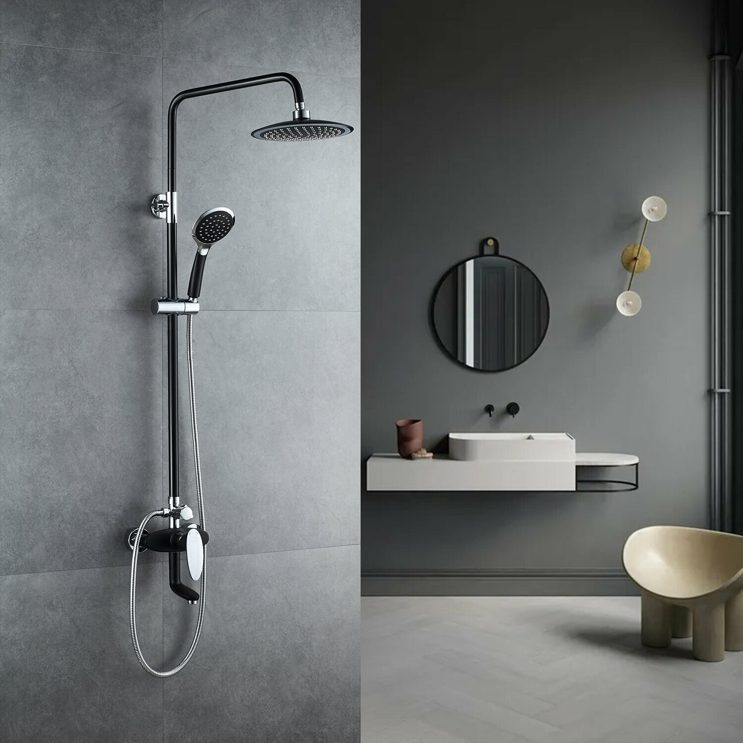 Душевая система Shevanik с верхним тропическим душем и ручной лейкой, черная