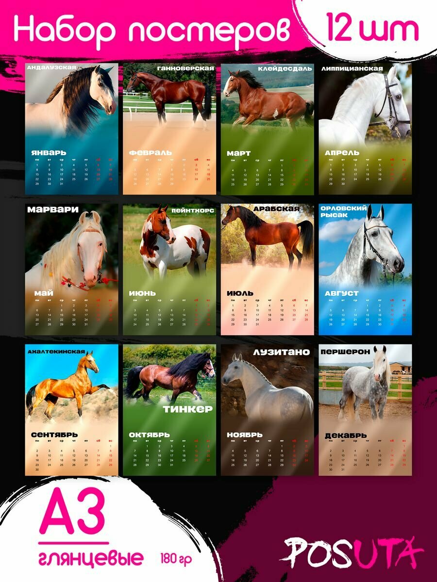 Постеры календари на 2024 год настенные Лошади
