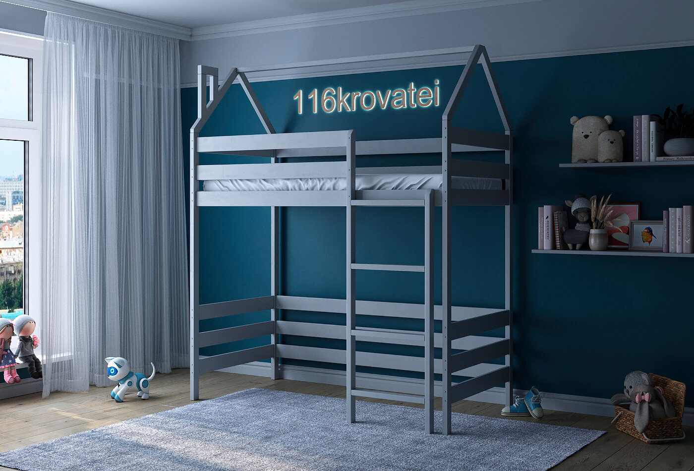 Кровать-чердак с крышей 180х80, "116 Кроватей", серый