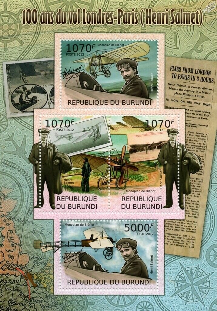 Почтовые марки Бурунди 2012г. "Анри Сальме - 100 лет первому рейсу Лондон-Париж" Самолеты, Авиация, Летчики MNH