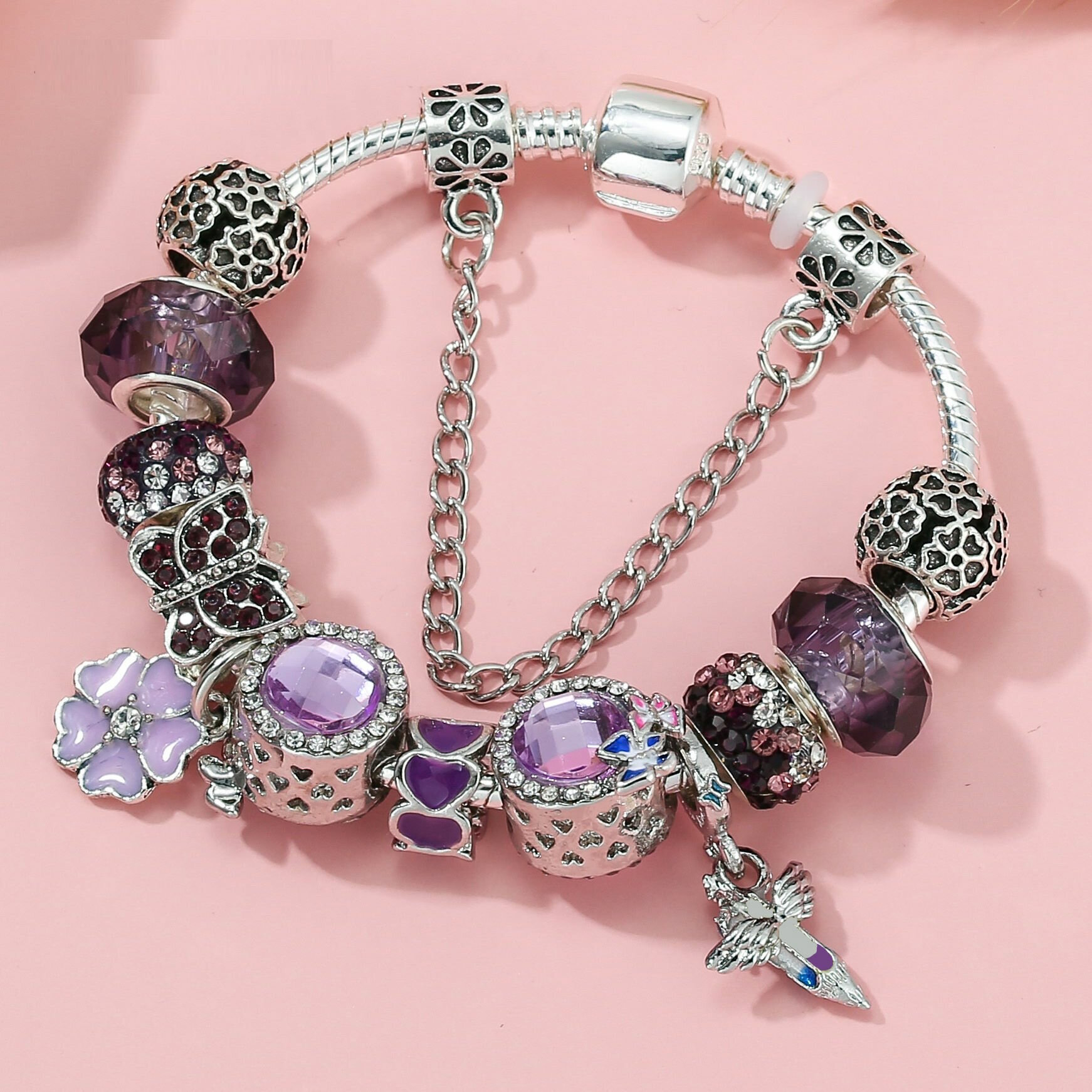 Браслет-цепочка, горный хрусталь, муранское стекло