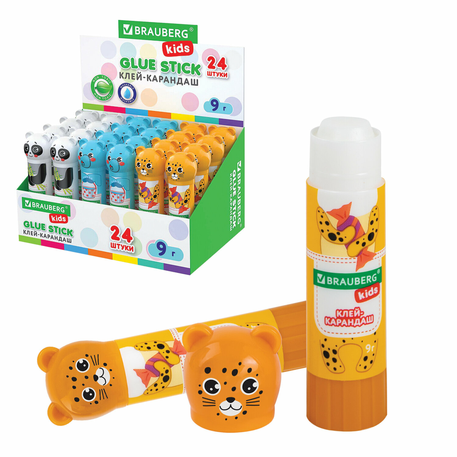 Клей-карандаш "Зверята: панда, слон, леопард", 9 г, фигурный колпачок, BRAUBERG KIDS, 271139 (цена только за 1 шт.)