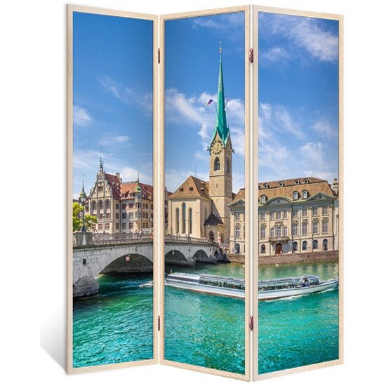 Ширма перегородка Декор Депо для комнаты деревянная "Меренги" двухсторонняя с картинкой (города) 3 створки кремовый дуб 176х140 см 11 кг