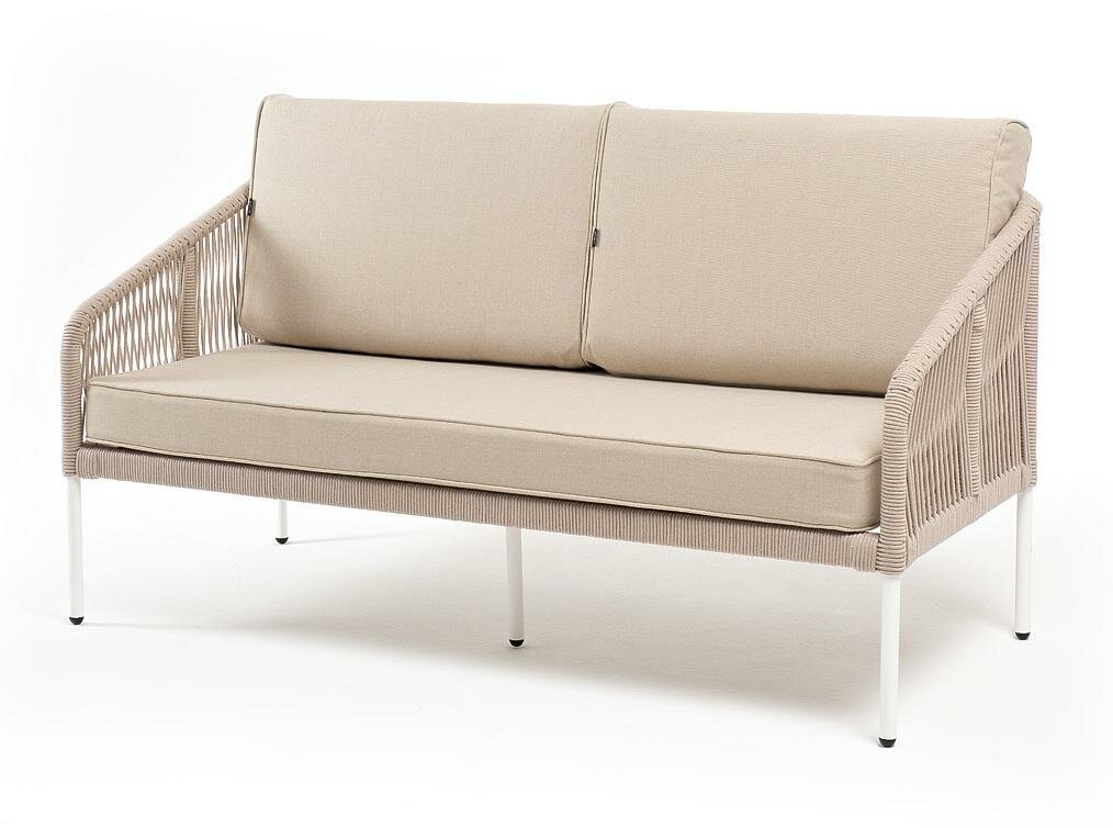 Диван 4SIS "Канны" диван 2-местный плетеный из роупа, каркас алюминий белый муар, роуп бежевый круглый, ткань бежевая 15052 арт. KAN-S-2-001 W Mua beige(beige15052)
