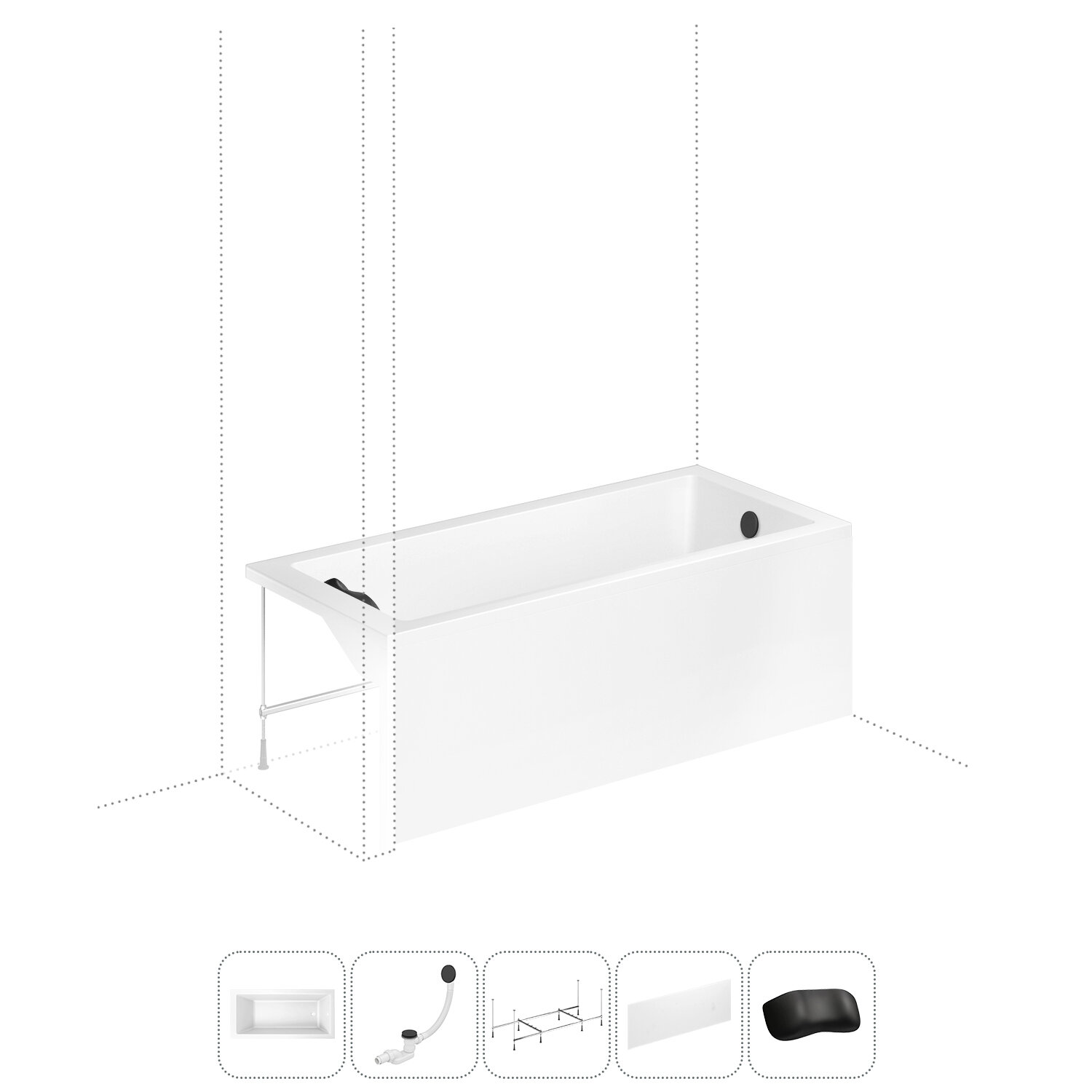 Акриловая ванна 170x80 с каркасом и экраном Lavinia Boho Element 202011709 в наборе 5 в 1: прямоугольная ванна 170 x 80 см, слив-перелив, каркас, экран, подголовник