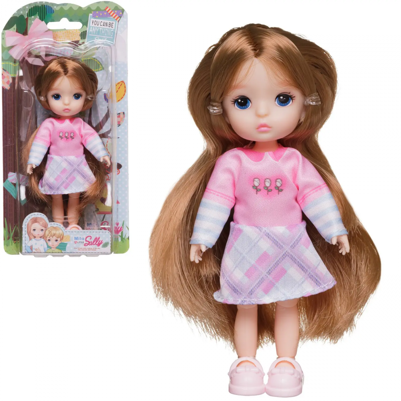 Кукла Junfa 13 см со стеклянными глазами в розово-белом платье WJ-32197/розово-белое