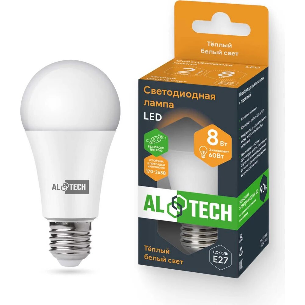 Лампочка светодиодная ALTECH LED Р60-8W-830-E27 8Вт груша теплый белый свет 4673758070180