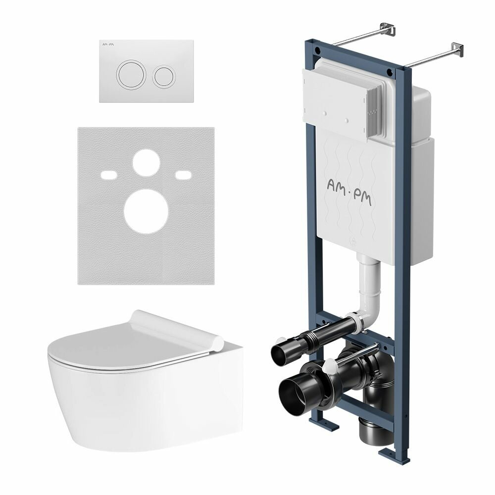 Инсталляция с подвесным унитазом AM.PM Jupiter мех. кнопка ErgoFit L глянцевый белый, безободковый, шумоизоляция