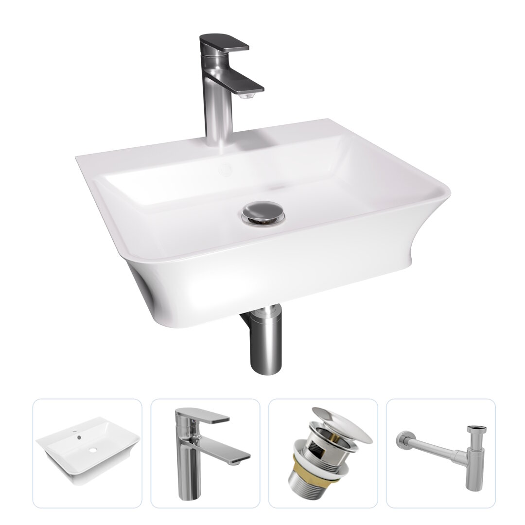 Раковина накладная для ванной Teymi Aina 49 в комплекте смеситель хром донный клапан клик-клак с переливом хром и сифон хром F13111