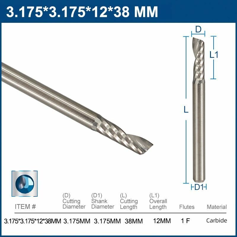 Фреза спиральная XCAN однозаходная 3,175x3,175x12x38мм, Фреза концевая спиральная по дереву и пластику