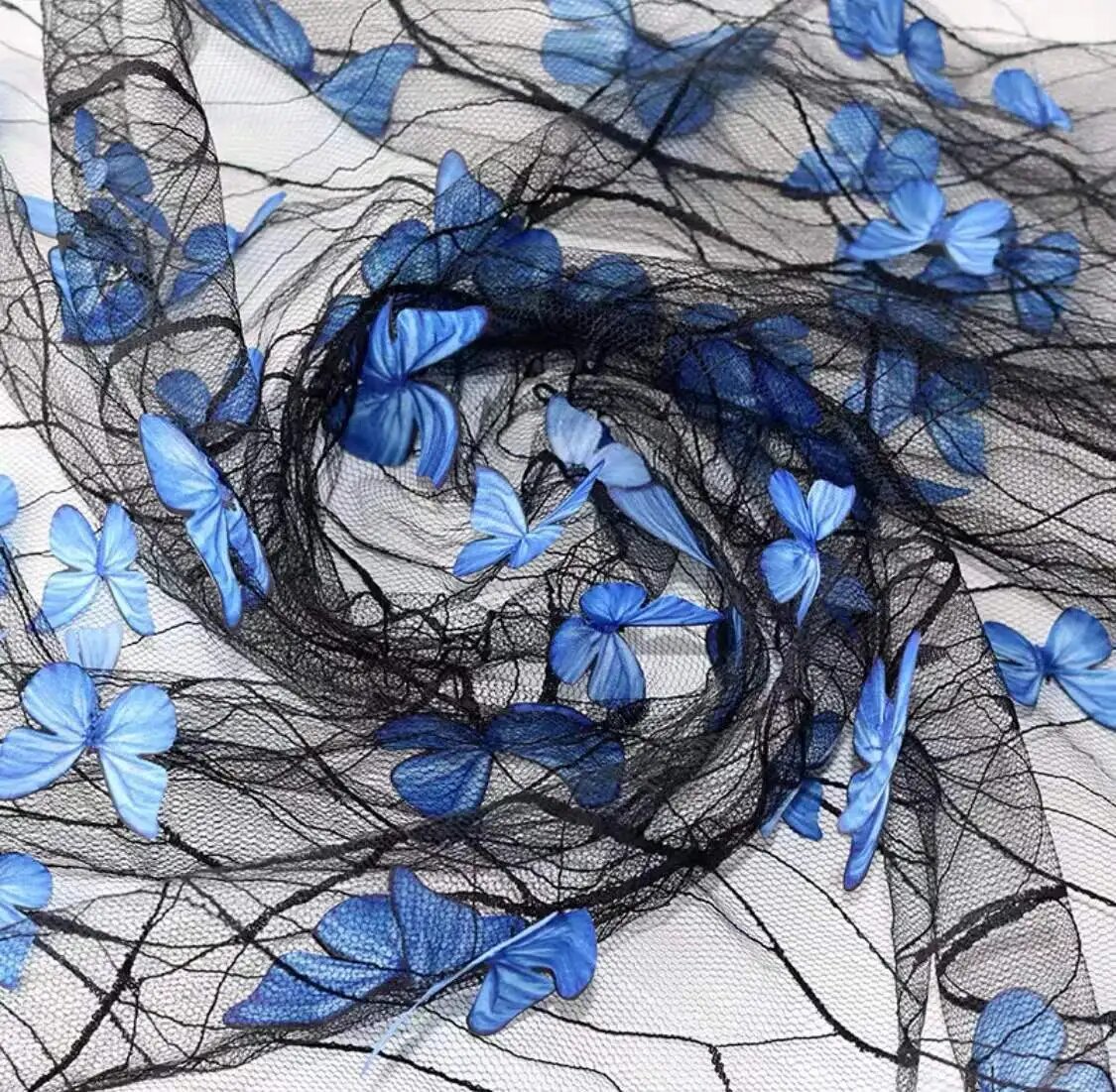 Полиэстер сетчатая ткань с 3D вышивкой бабочек 2 ярда Темно-синий, 1