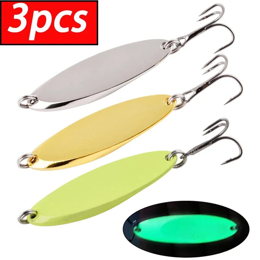 3 шт, золотые, серебряные светящиеся 5 г-56 г, вращающаяся металлическая блесна, ложка, рыболовная приманка, приманки для форели, щуки, Pesca, рыбные тройные крючки, снасти