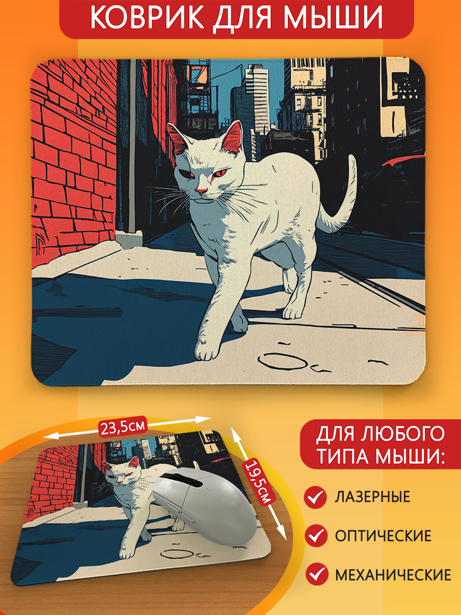 Коврик для мыши с принтом животные белый кот (белый кот гуляет по улице, кошка, город) - 8603 Г