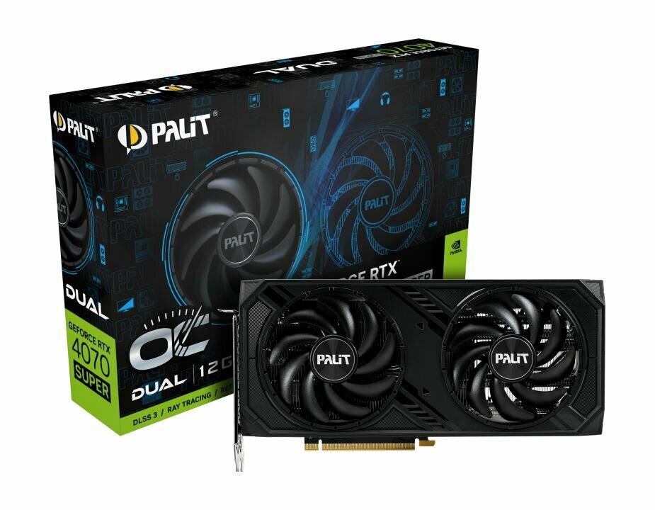 Видеокарта Palit PCI-E 4.0 RTX4070 SUPER DUAL OC NVIDIA GeForce RTX 4070 Super 12Gb 192bit GDDR6X 1920/21000 HDMIx1 DPx3 HDCP Ret