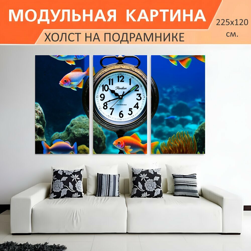 Модульная картина на холсте "Часы-аквариум с живыми рыбками, плавающими вокруг циферблата, расположенные в яркой морской обстановке." триптих на подрамнике 225х120 см. для интерьера