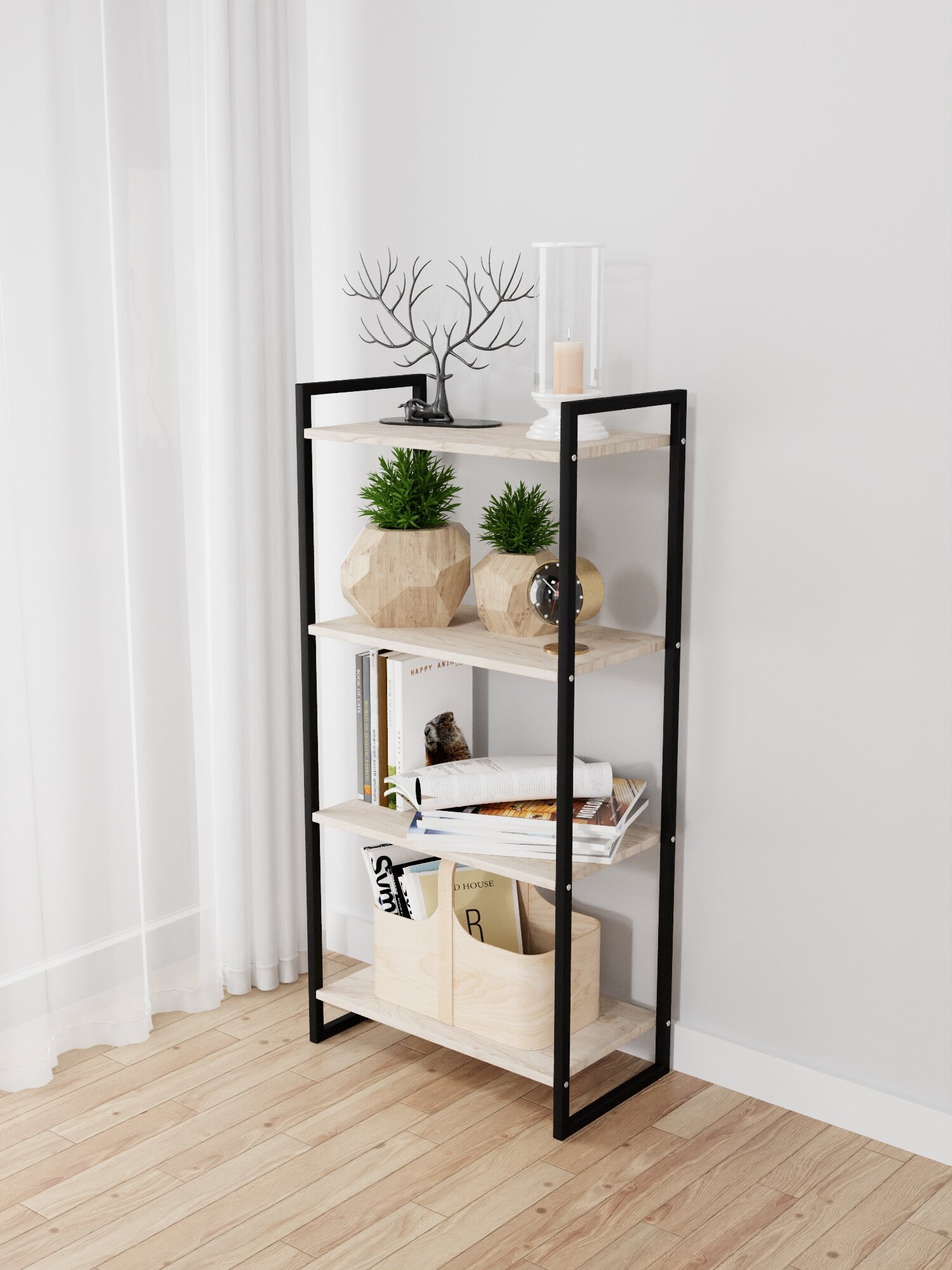 Стеллаж IamLoft 117x60x31 , лофт, универсальный, ЛДСП, металл, цвет дуб молочный