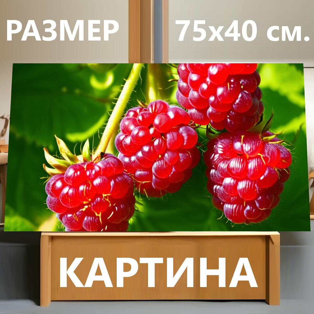 Картина на холсте "Сочные красные малины на фоне зелёных листьев. Яркие и детализированные ягоды, с характерной структурой. Естественное." на подрамнике 75х40 см. для интерьера