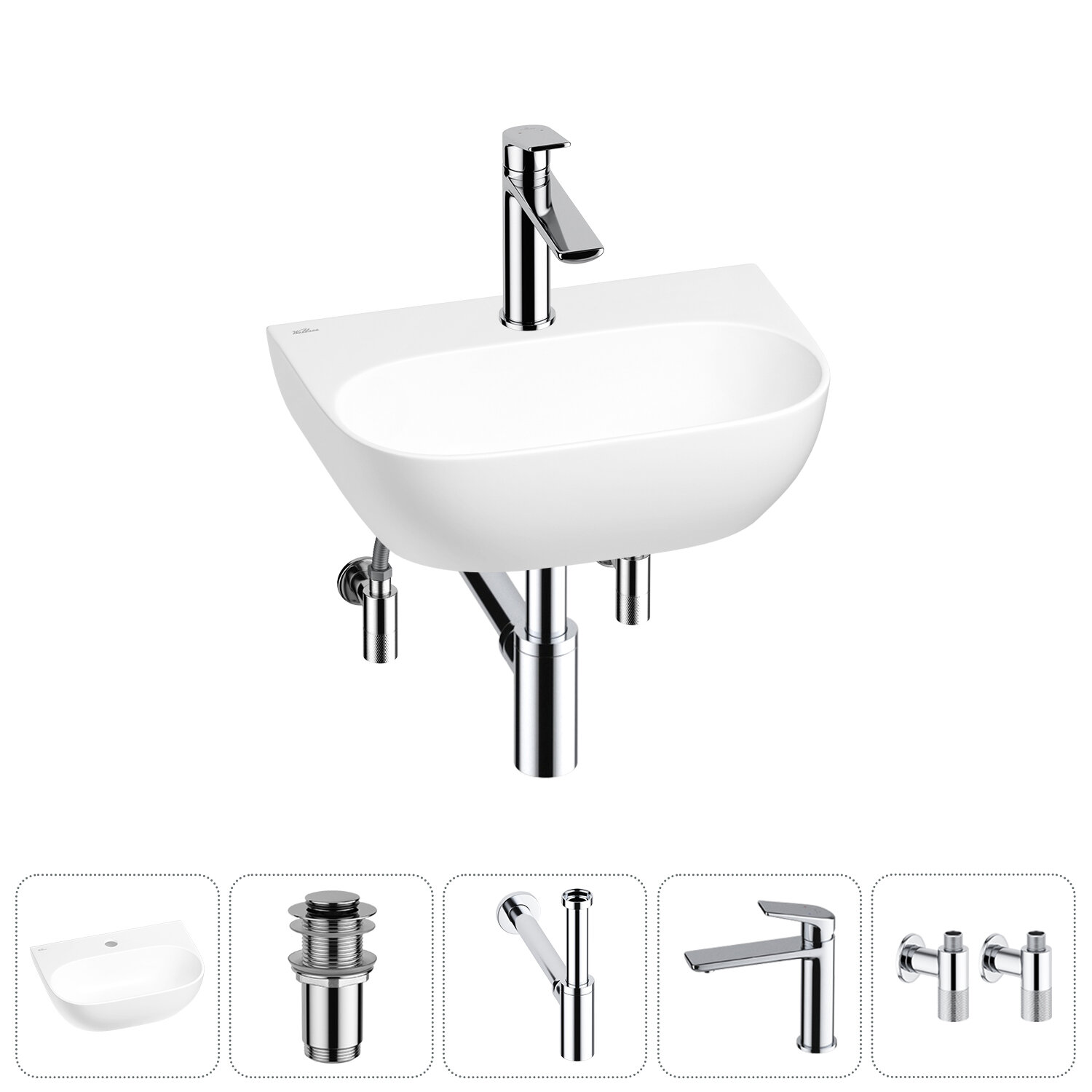 Маленькая раковина в ванную комнату или туалет Wellsee WC Area 20212197R в наборе 5 в 1: подвесная или накладная раковина 42 см в цвете белый глянец, донный клапан, сифон, смеситель, вентили (цвет набора хром)