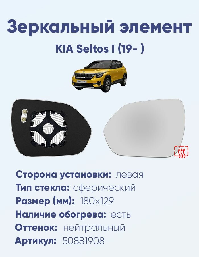 Зеркальный элемент левый KIA Seltos I (19- ) сфера нейтральный с обогревом