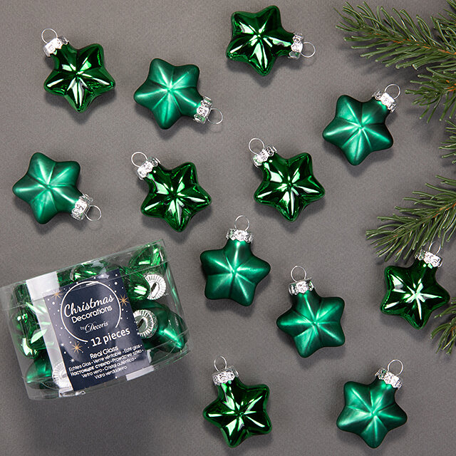 Набор стеклянных елочных игрушек Звезды 4.5 см рождественский зеленый mix, 12 шт, Kaemingk, 012245