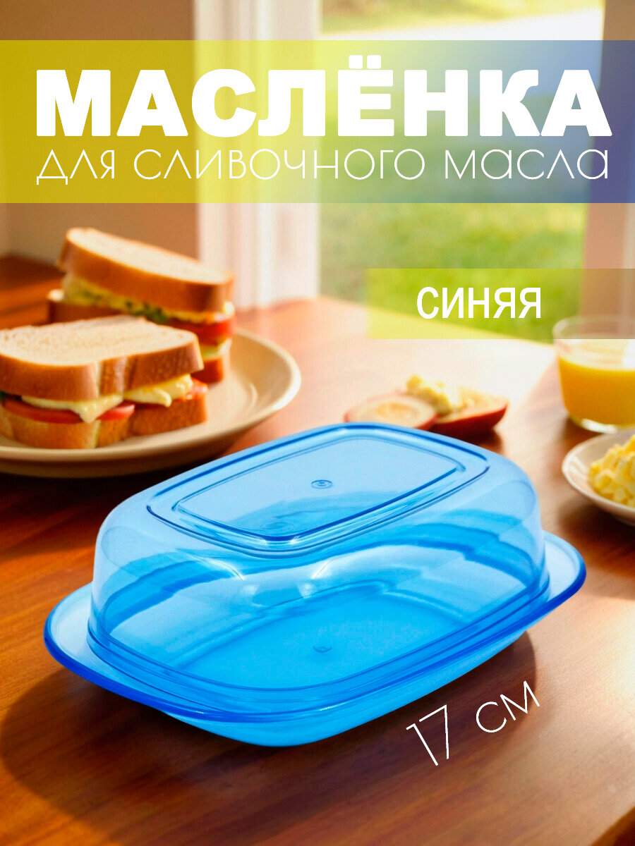 Масленка DDStyle для сливочного масла, с крышкой, пластик, 17х12,5х6 см, синяя