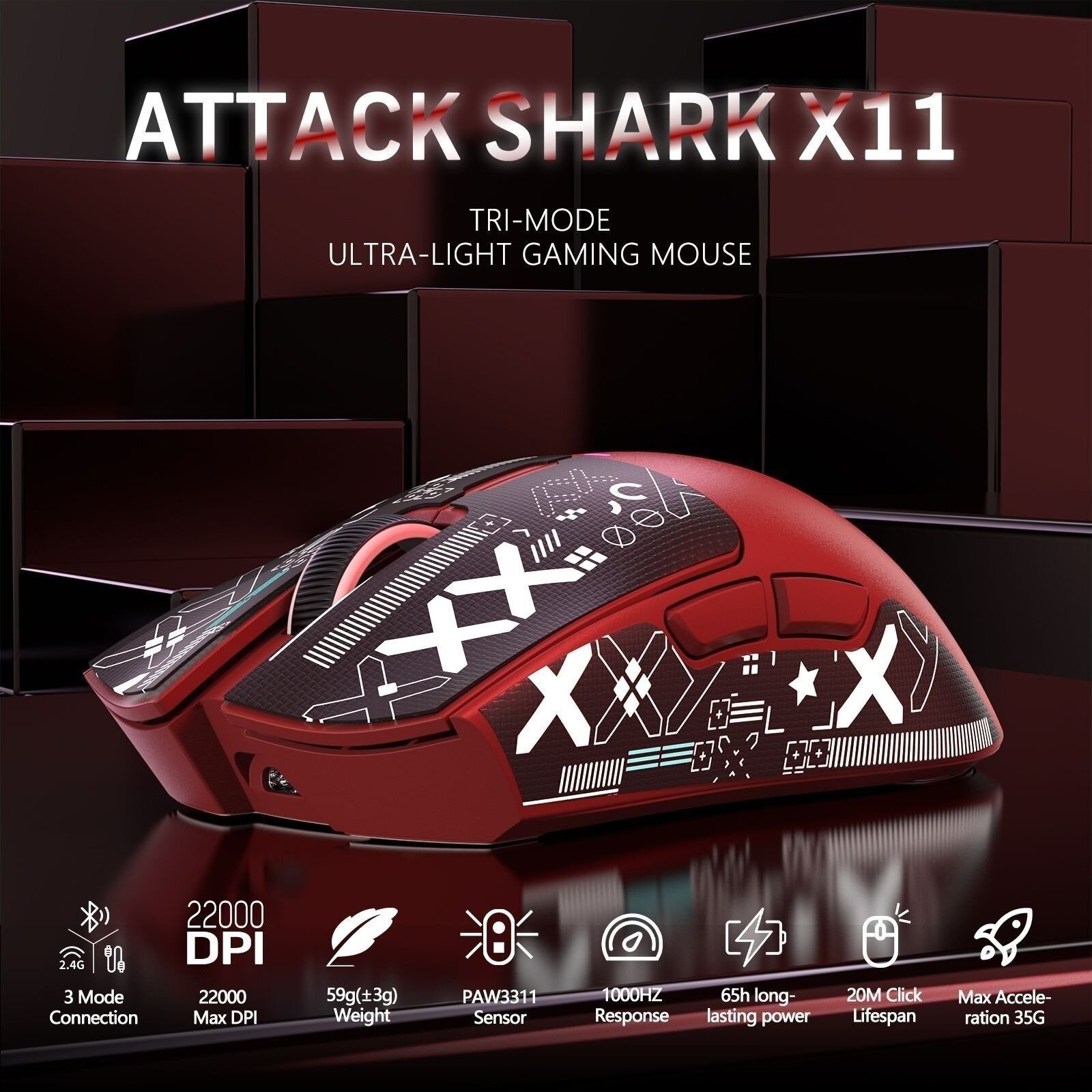 ATTACK SHARK X11 Беспроводная игровая мышь с магнитной зарядной док-станцией RGB, датчиком PixArt PAW3311, легким трехрежимным подключением (59 г), проводным/2,4G/BT, разрешением до 22000 точек на дюйм