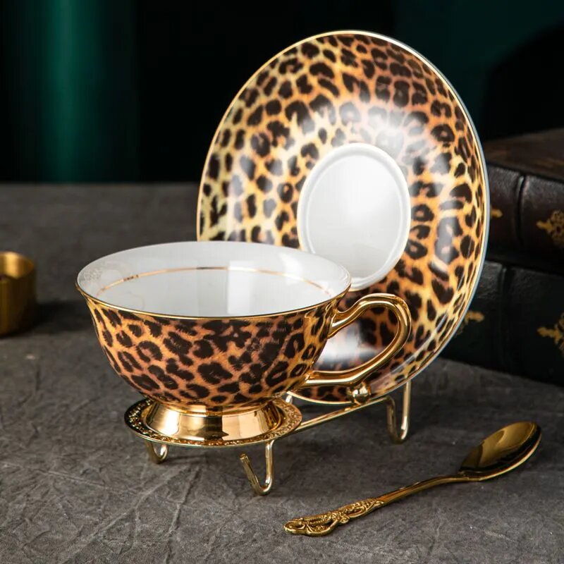 Сервиз кофейный "леопардовый" 230 мл на 1 персону, костяной фарфор, с золотой отделкой