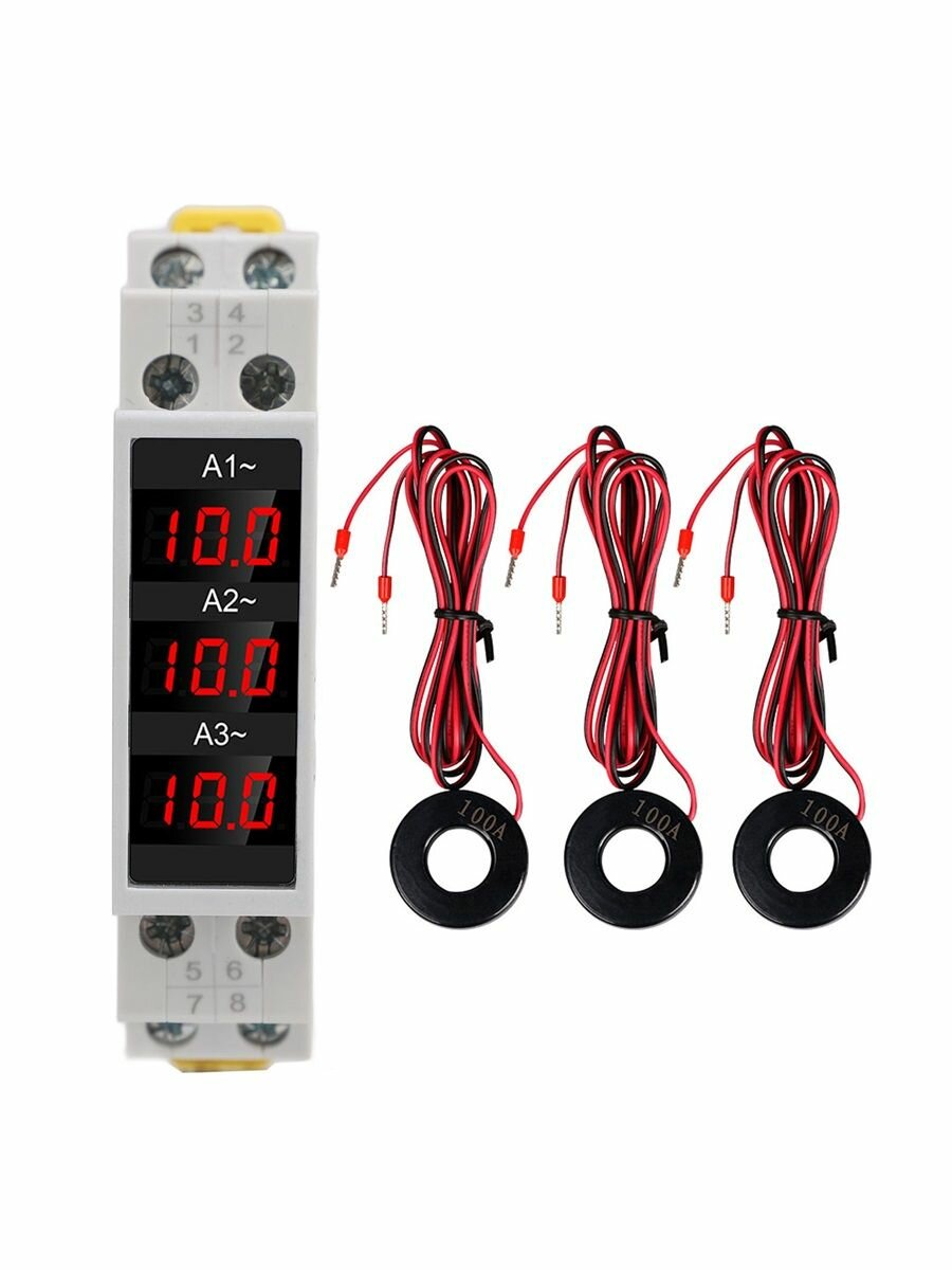 3-фазный амперметр на DIN-рейку, светодиодный цифровой дисплей, высокая точность, 1-100 А переменного тока, 80-500 В, 3 датчика, амперметр