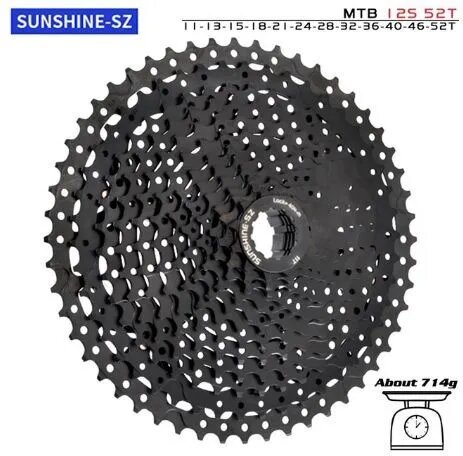 Кассета для горного велосипеда SUNSHINE 12 скоростей 11-52T, совместимая с Shimano, Все черное