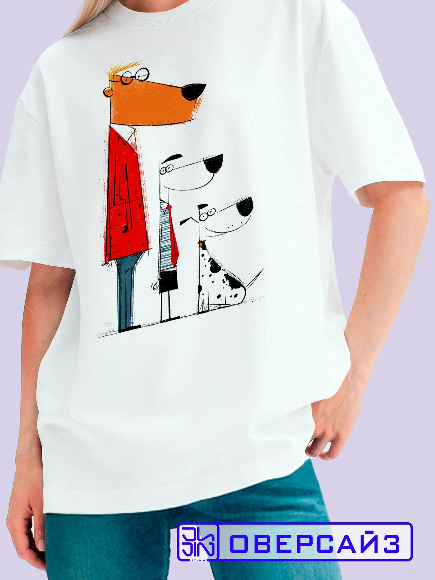 Футболка оверсайз женская с принтом Смешной черно-белый мальчик с собакой и красной рубашкой, оригинальный далматин, белый хлопковый трикотаж с прикольным рисунком на груди