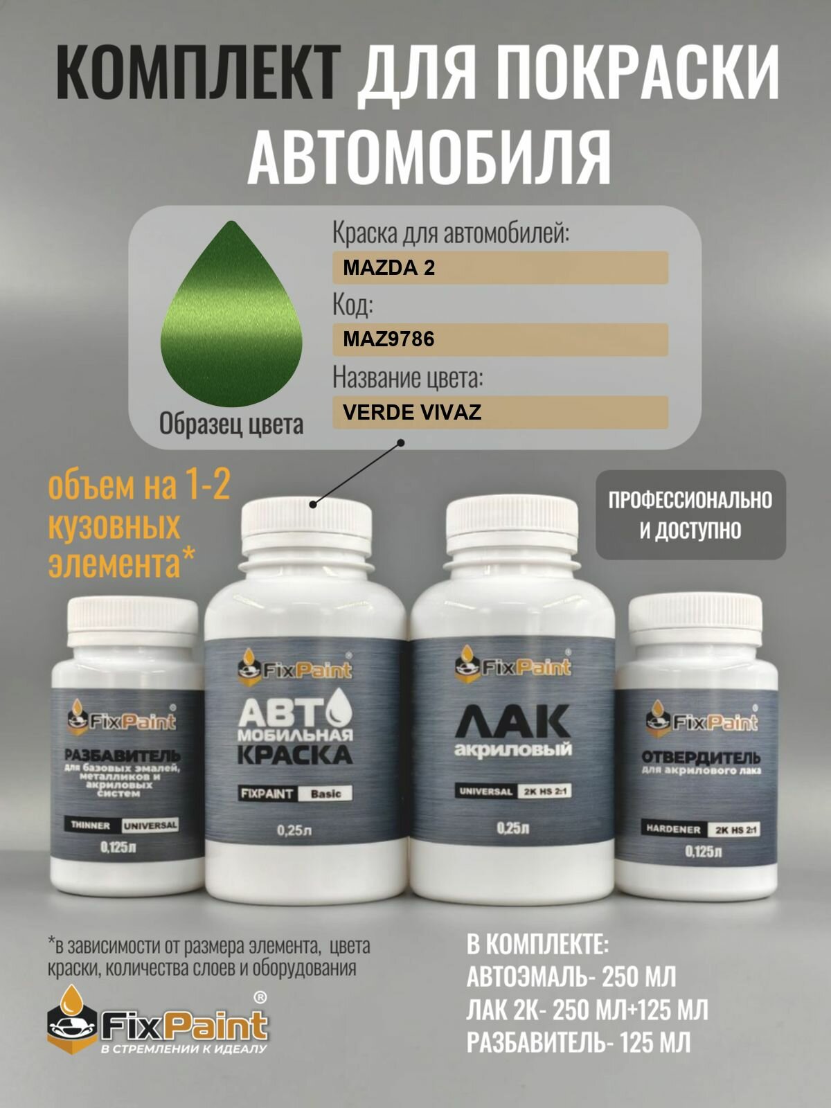 Комплект для покраски MAZDA 2, код MAZ9786, VERDE VIVAZ, базовая автомобильная краска 250 мл, лак 2K 250 мл с отвердителем, разбавитель 125 мл, FixPaint Pro