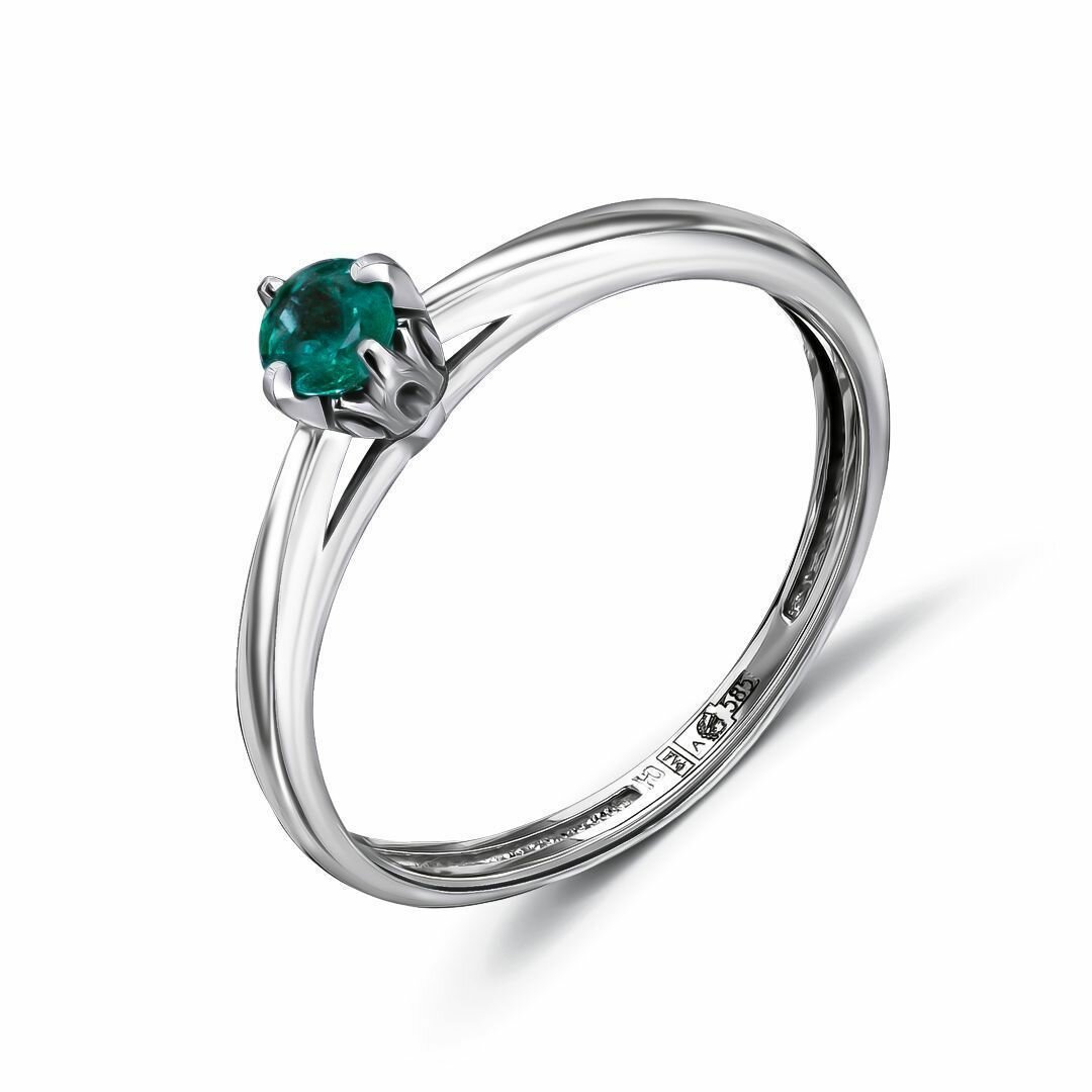 Кольцо тонкое, белое золото, 585 проба, родирование, изумруд