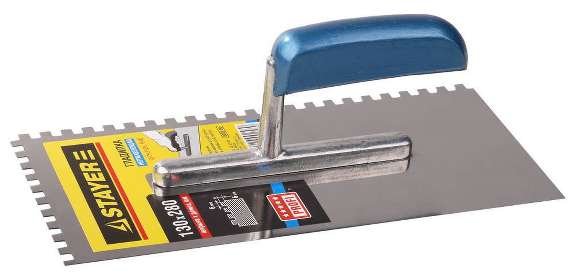 Штукатурная зубчатая нержавеющая гладилка STAYER 130х280 мм 6х6 мм деревянная ручка 0802-06