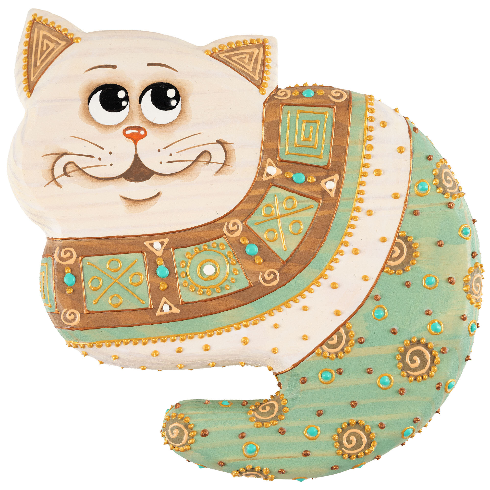 Подвеска деревянная ручной работы Кошка Мурка бирюзовый узор (692701)